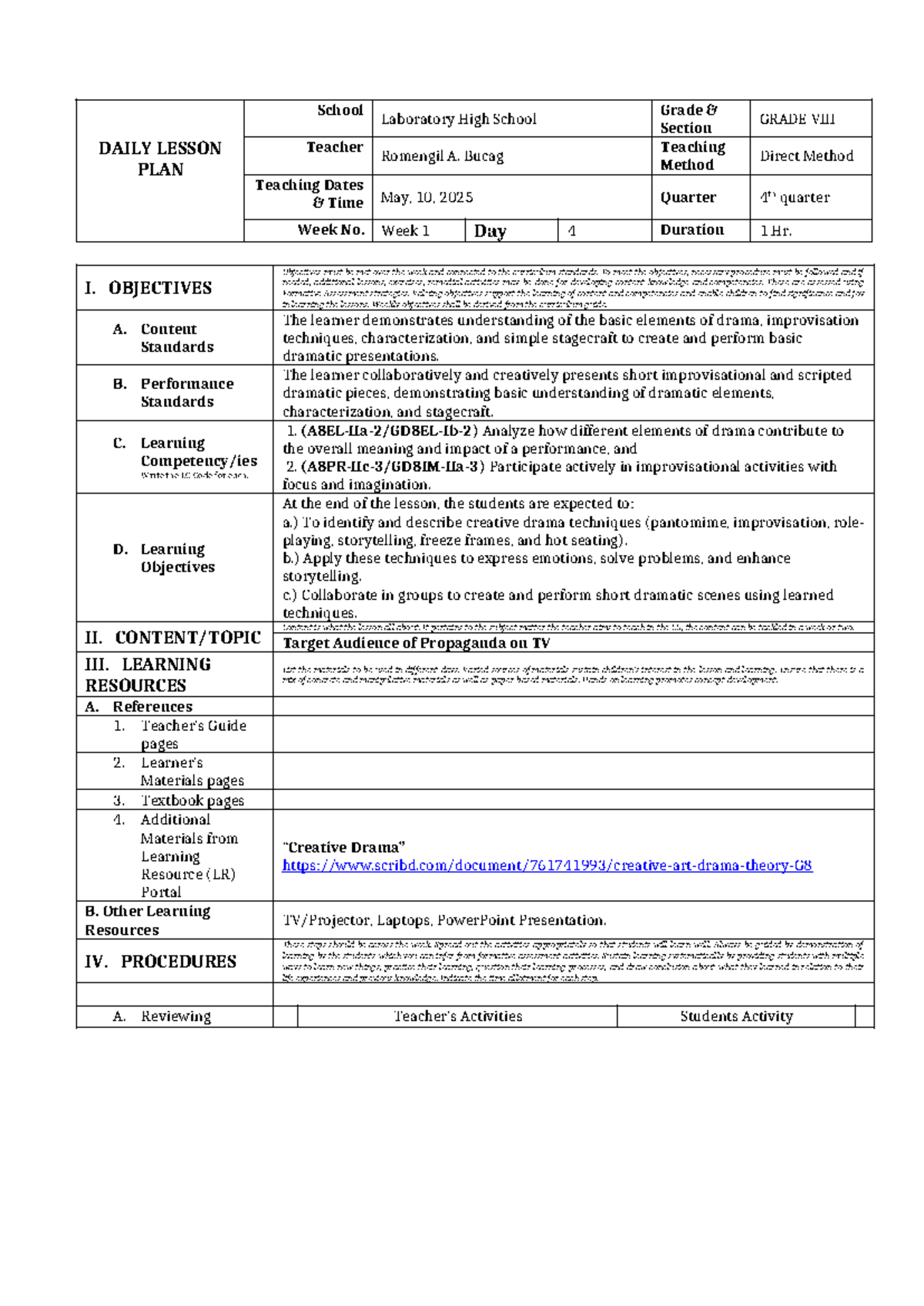 Grade 8 Creative Drama Daily Lesson Plan - Week 1, Quarter 4 - Studocu
