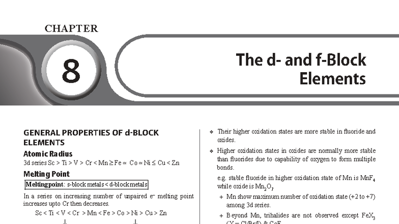 D And F Block Elements - Short Notes - CHAPTER 8 The d- and f-Block ...