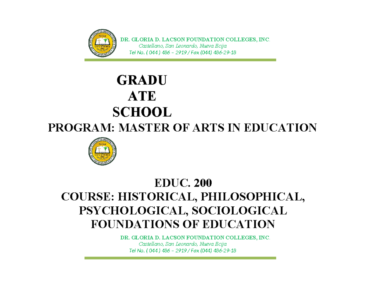 EDUC. 200 - Foundations of Education: Historical, Philosophical, Psychological, - Studocu