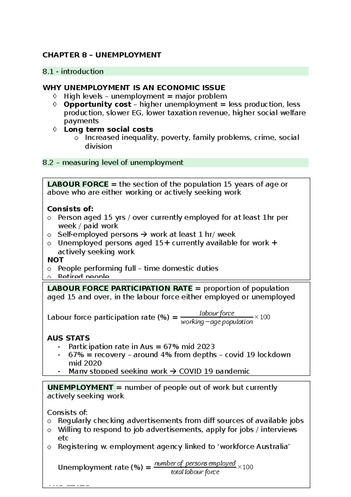 CH 8 - Unemployment: Comprehensive Study Notes and Insights - Studocu