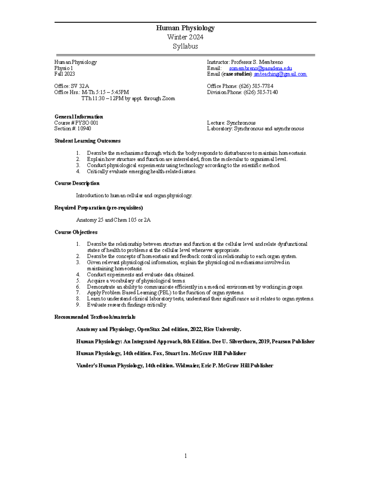 Physio 1 Syllabus Winter 2024: Course Overview & Requirements - Studocu
