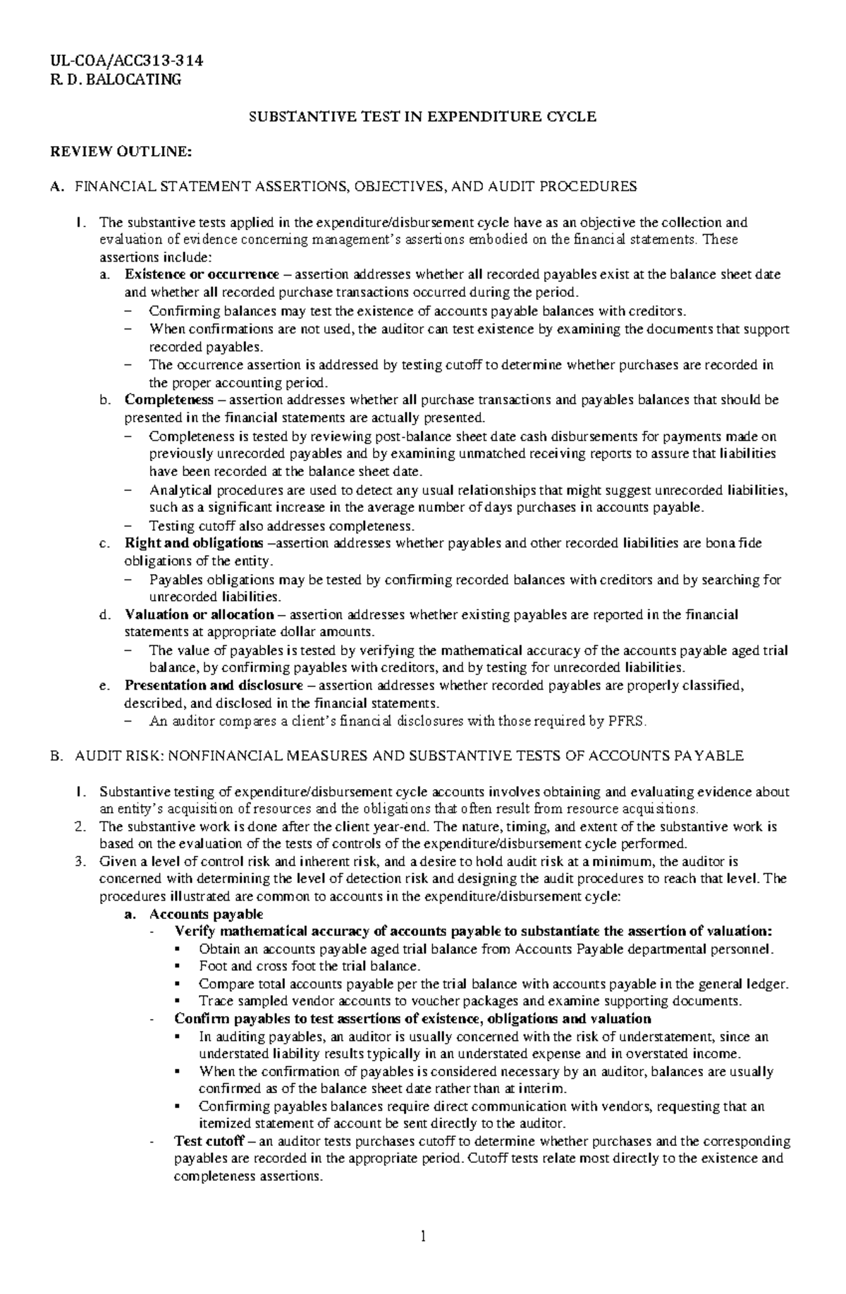 ACC313 314 ST Expenditure Cycle & Payroll Cycle Substantive Tests ...