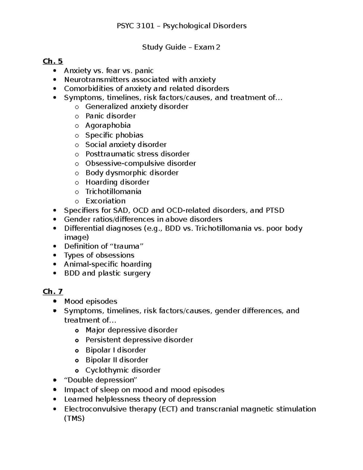 PSYC 3101 Study Guide for Exam 2: Psychological Disorders Overview ...