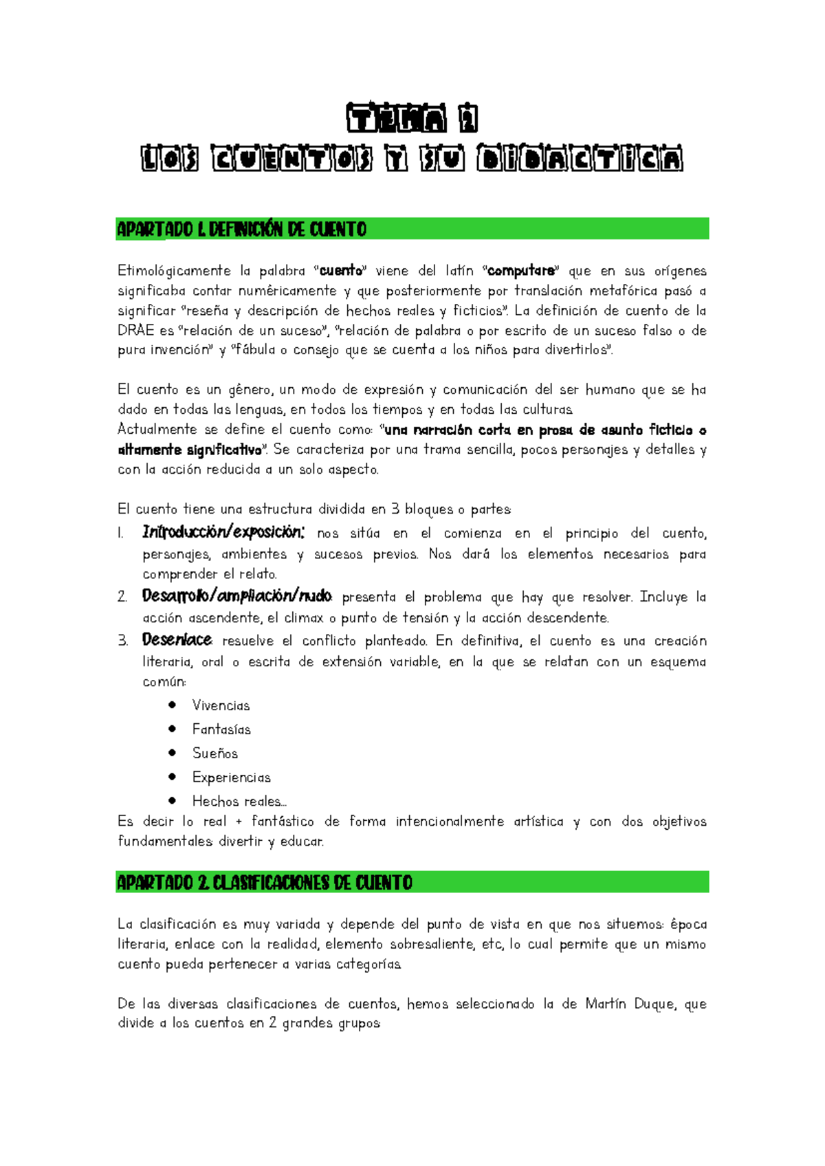 TEMA 2 - TEMA 2 - TEMA 2 Los Cuentos y su didáctica Apartado 1 ...