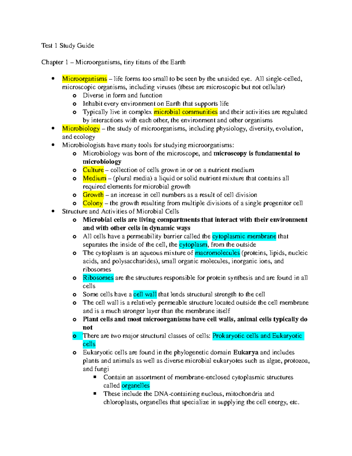 Test 1 Study Guide - Summary of Microbial Cells and Structures - Studocu