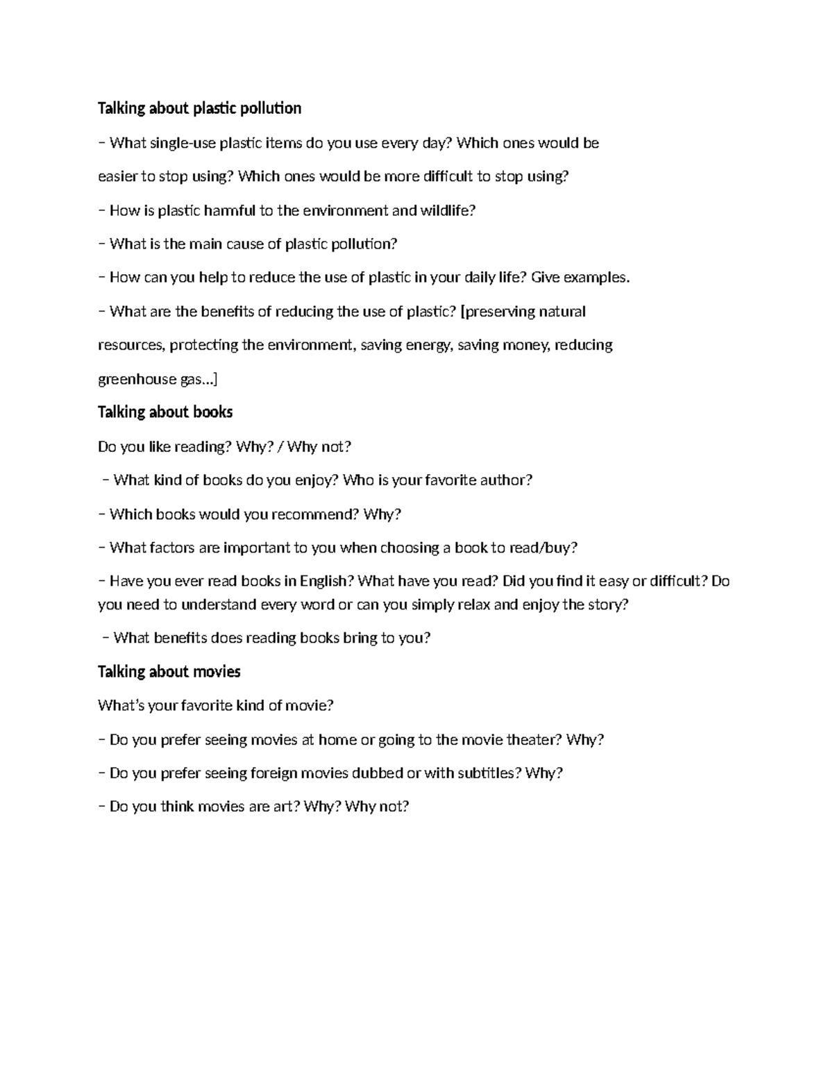 Speaking Revision - Quản Trị Kinh Doanh: Plastic, Books, Movies, Sports ...