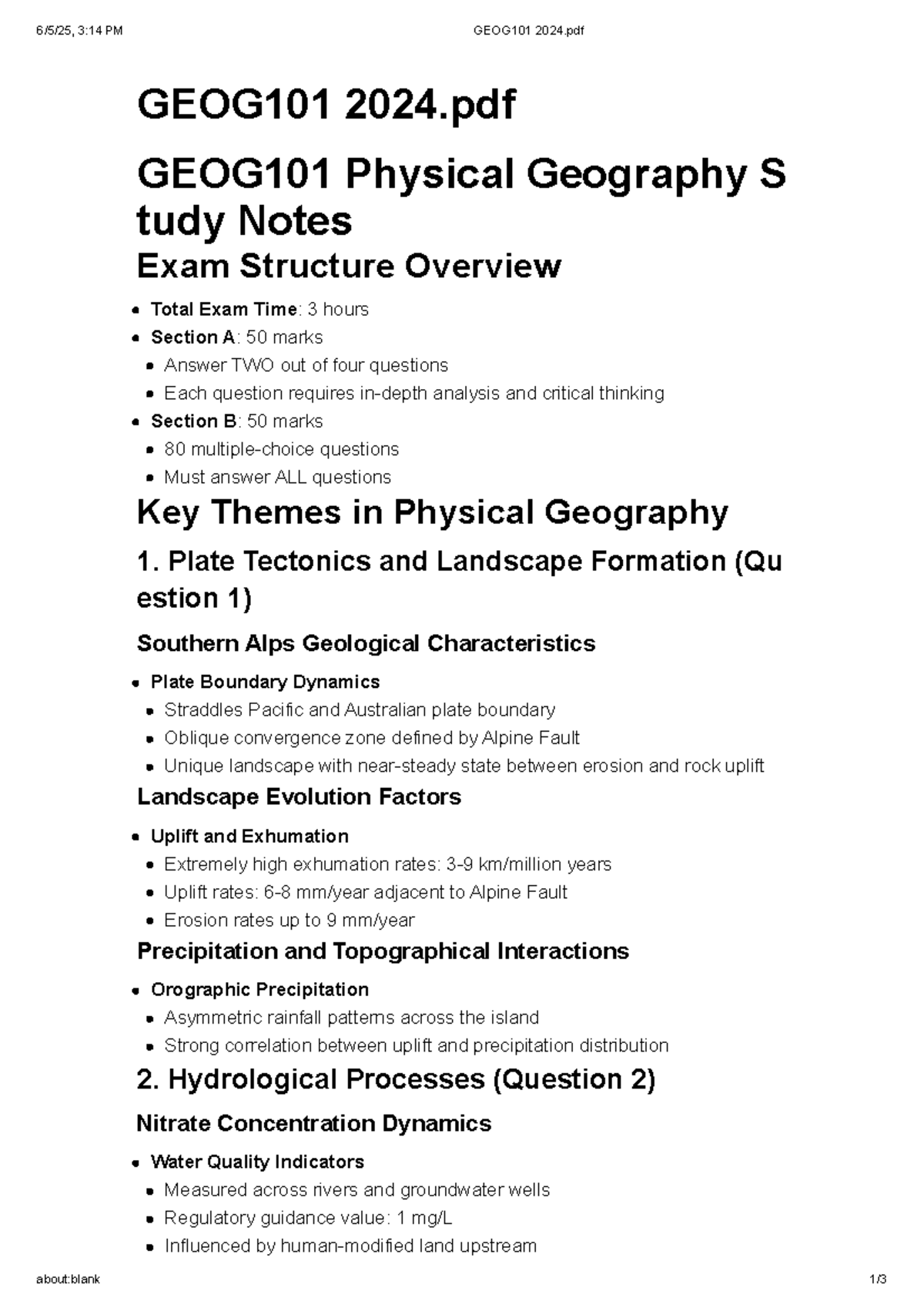 GEOG101 2024 - Physical Geography Exam Study Notes - Studocu