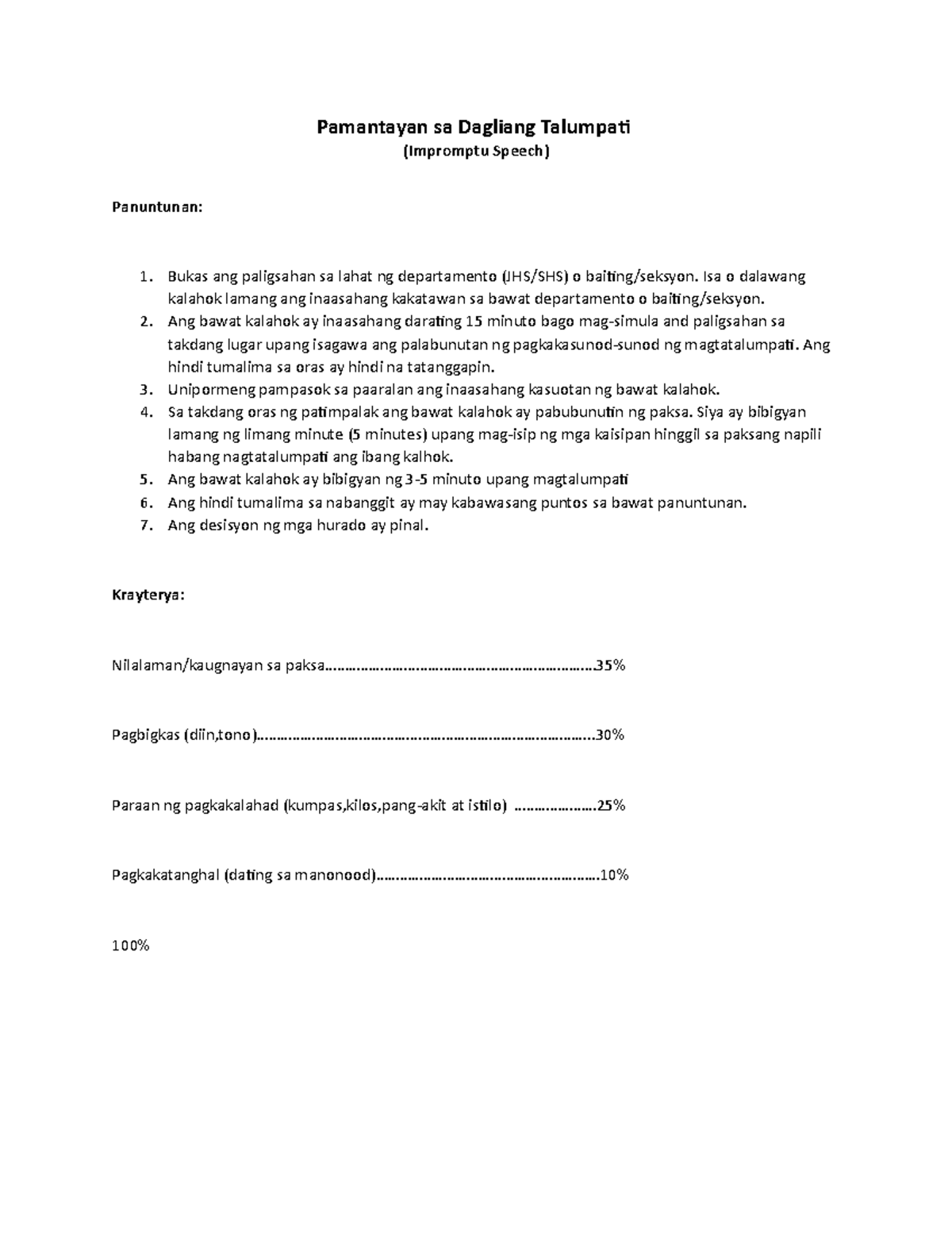 Pamantayan at Krayterya para sa Dagliang Talumpati (Impromptu Speech ...