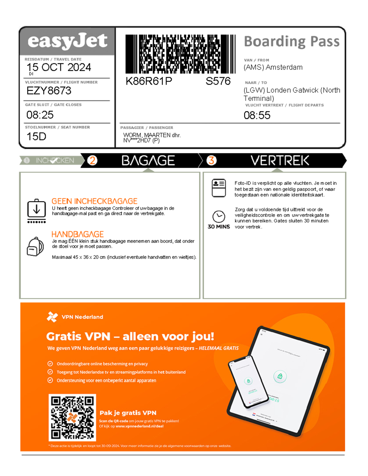 Reisdocument - Instapkaart voor Vlucht EZY van AMS naar LGW - Studeersnel