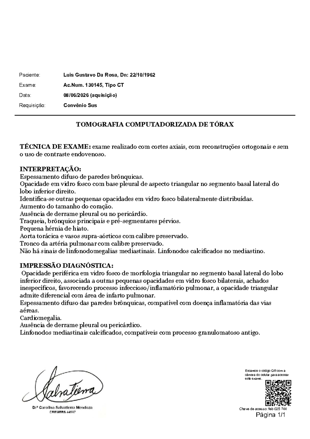 Laudo de Tomografia Computadorizada de Tórax - Paciente Luis Gustavo Da ...