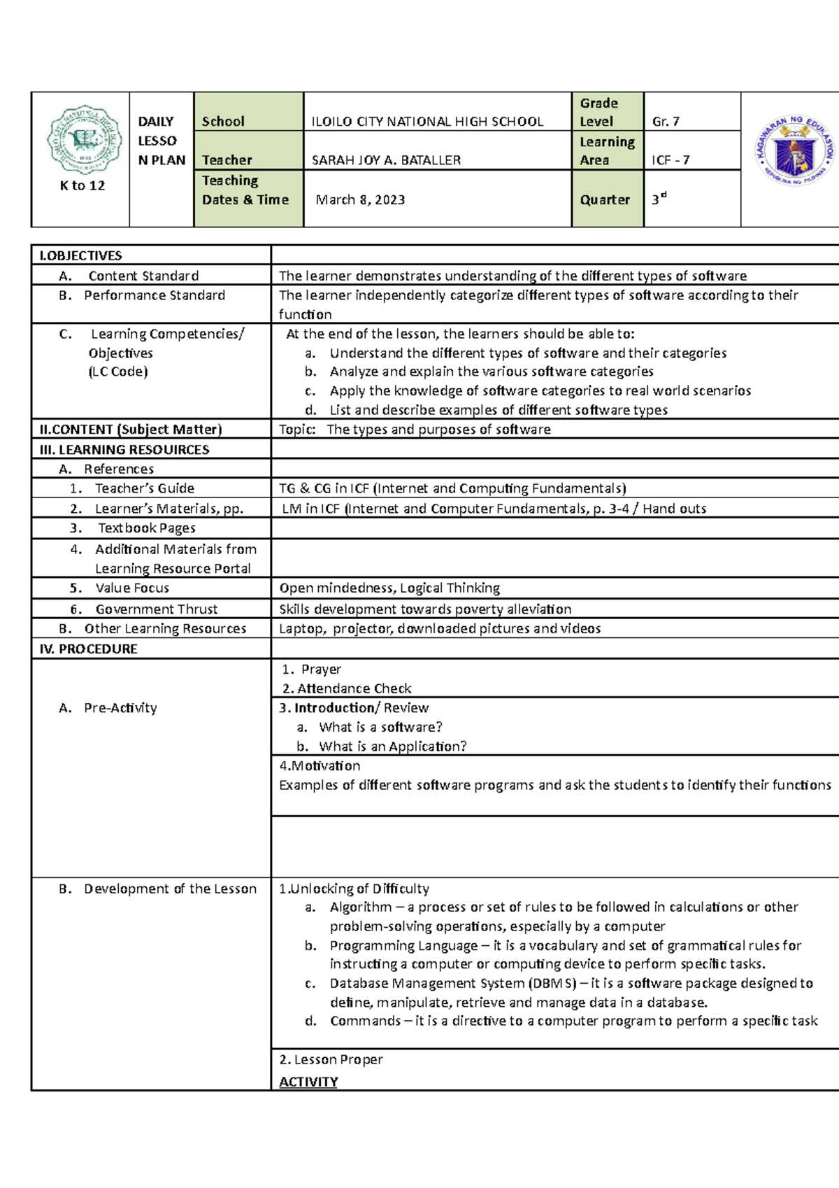 COT 1 Grade 7 ICF - Quiz on Software Types and Categories - Studocu