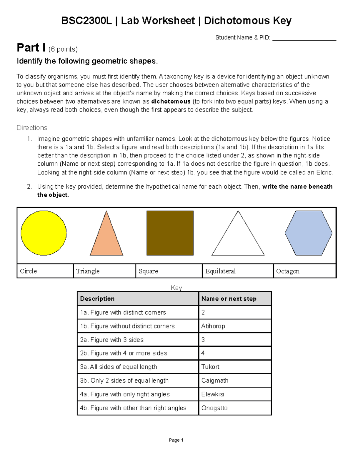 BSC2300L | Lab Worksheet on Dichotomous Key Construction - Studocu