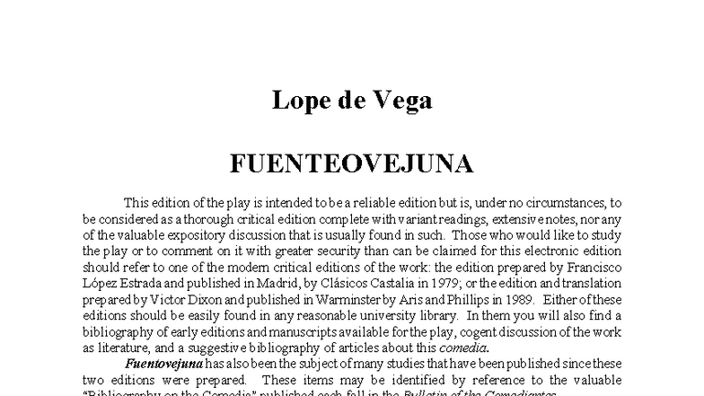 Lope de Vega - FUENTEOVEJUNA: Edición y Análisis del Texto - Studocu