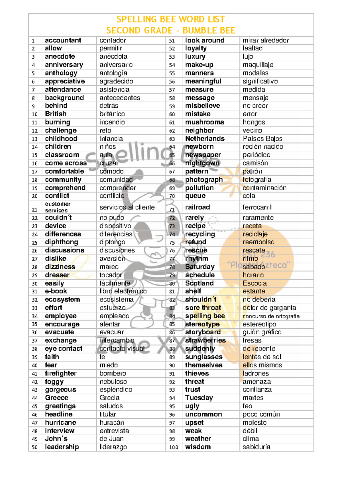 Spelling Bee Word List - 2nd Grade (Bumble Bee Contest) - Studocu