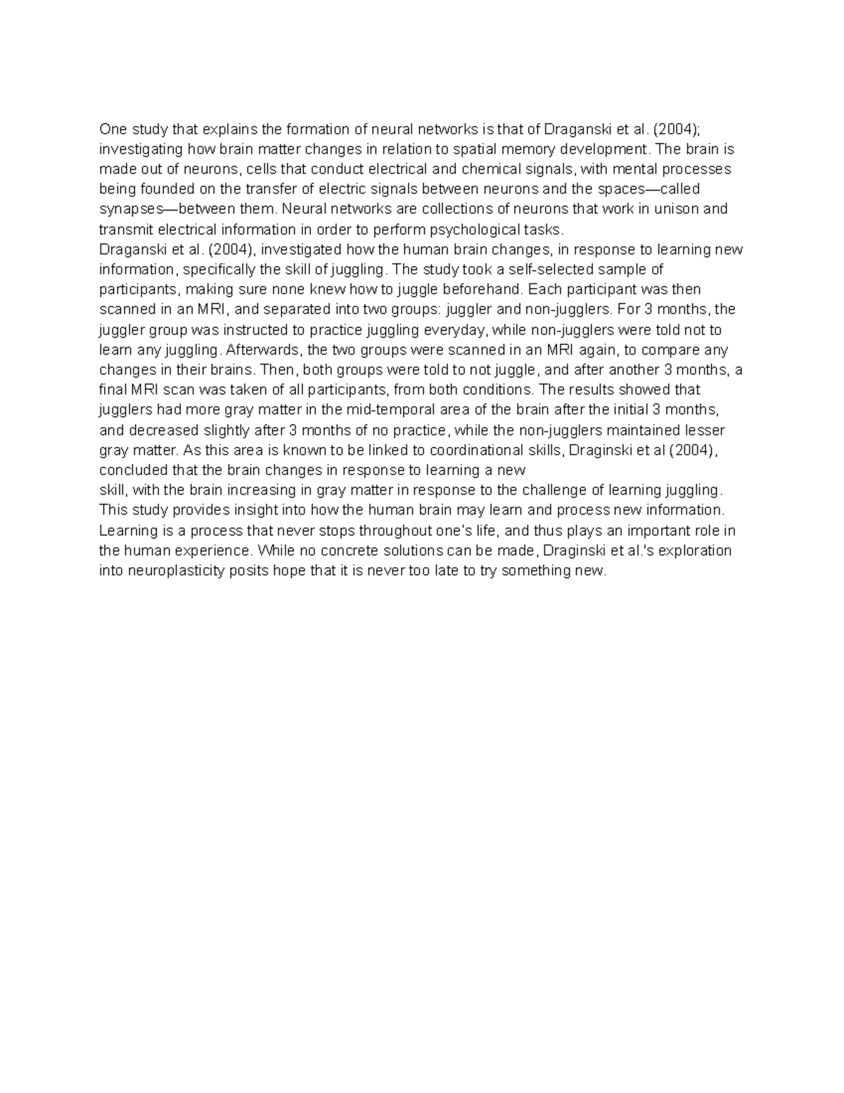Neural Networks Formation: Insights from Draganski et al. Study - Studocu