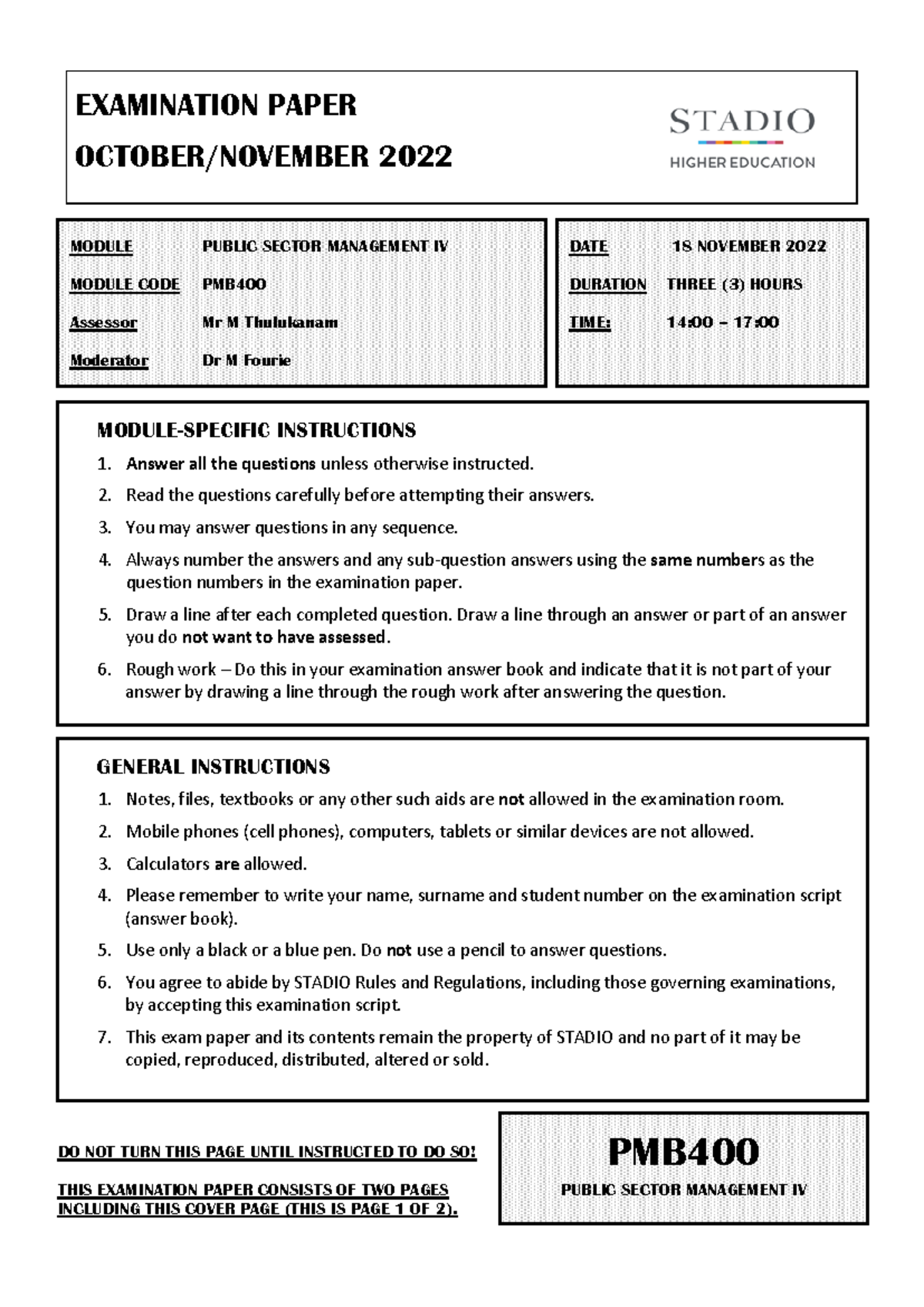 PMB - Public Sector Management IV Final Exam Paper - 18 Nov 2022 - Studocu