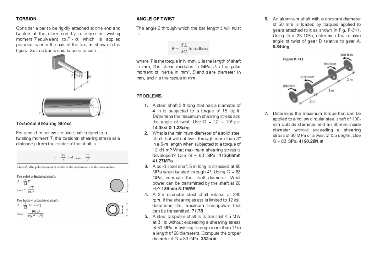 Torsion Analysis and Angle of Twist for Rigid Bars - ME 8 - Studocu