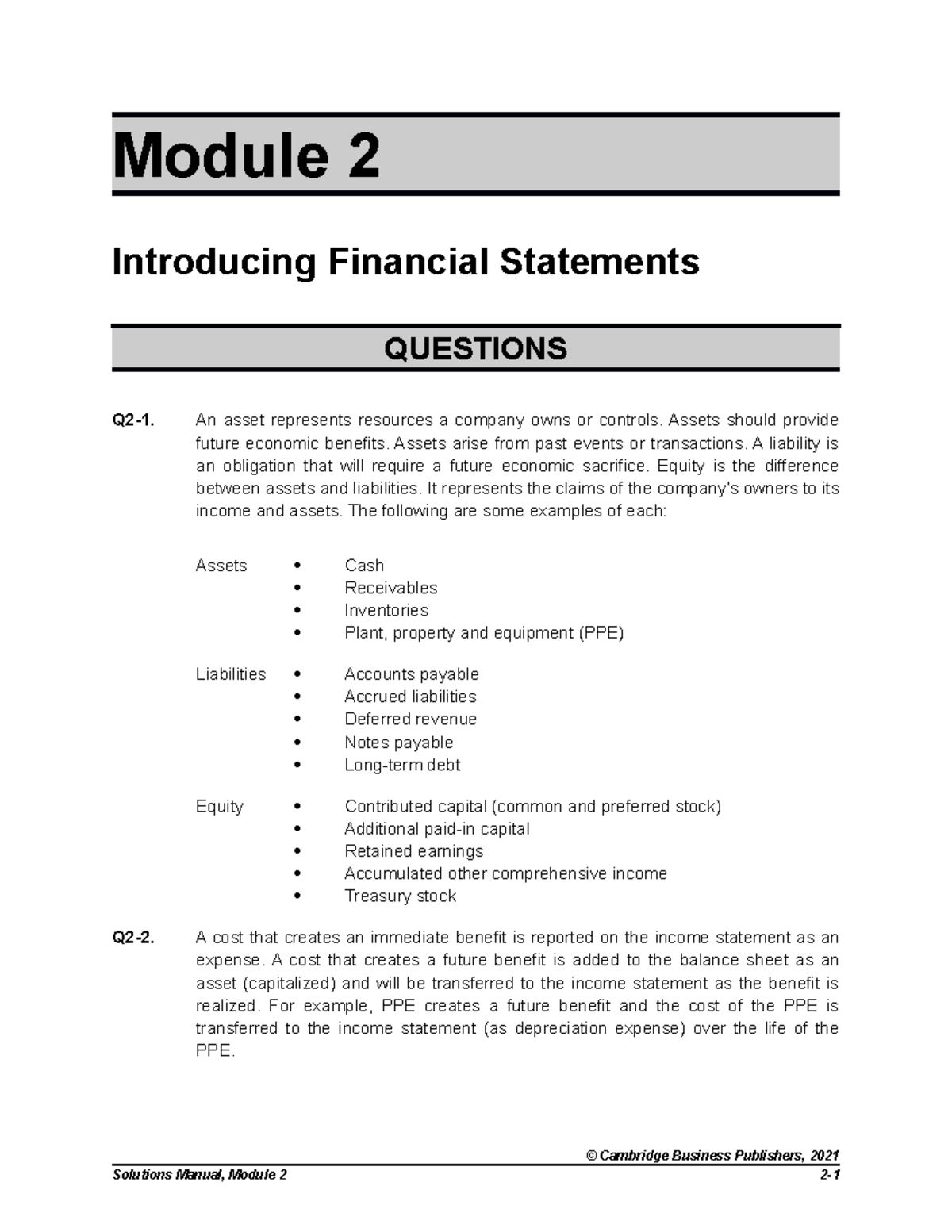 Module 2 Quiz and Solutions - Module 2 Introducing Financial Statements ...
