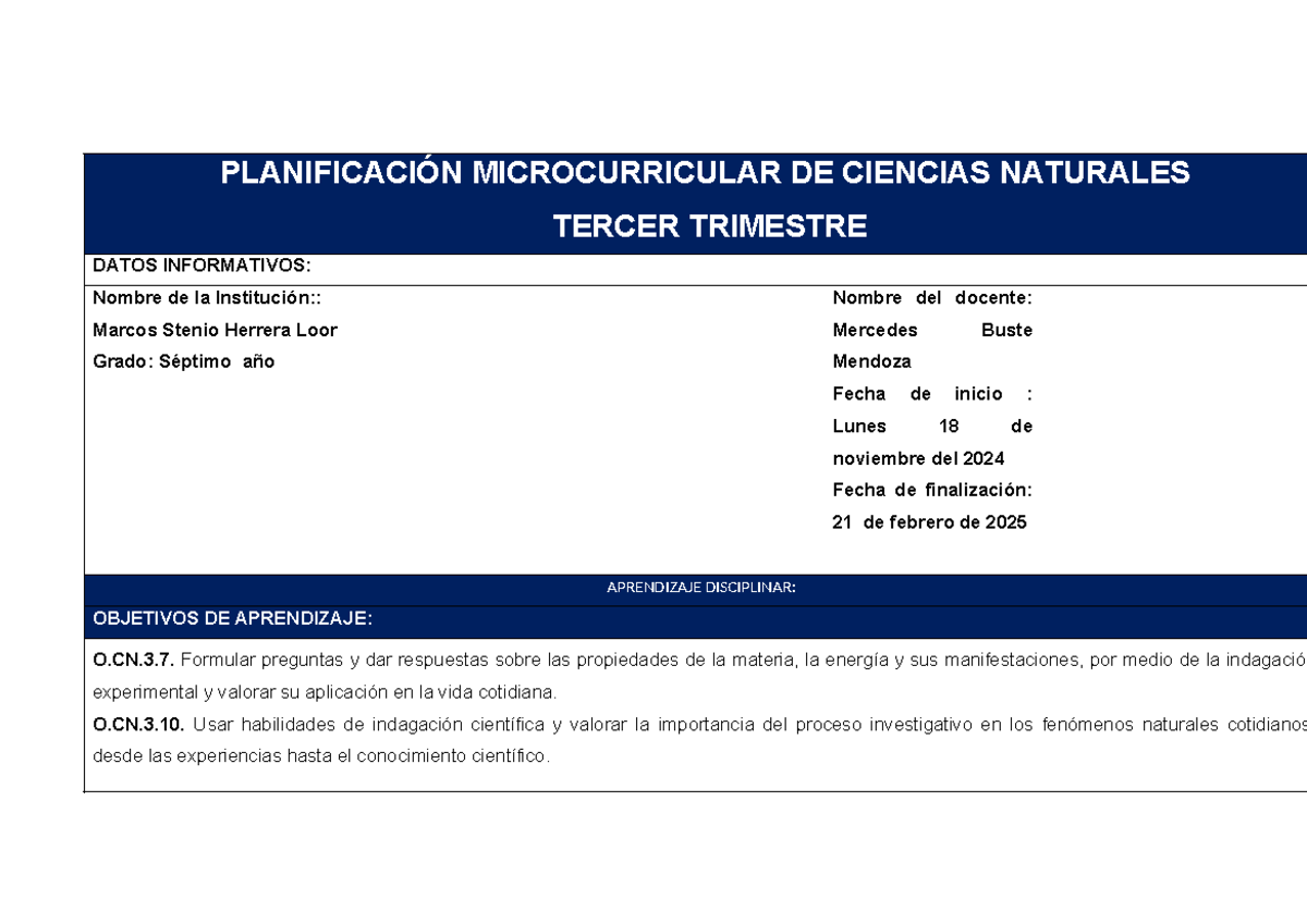 7mo-CCNN - Tercer - Trimestre Planificaciones - PLANIFICACIÓN MICROCURRICULAR DE CIENCIAS ...
