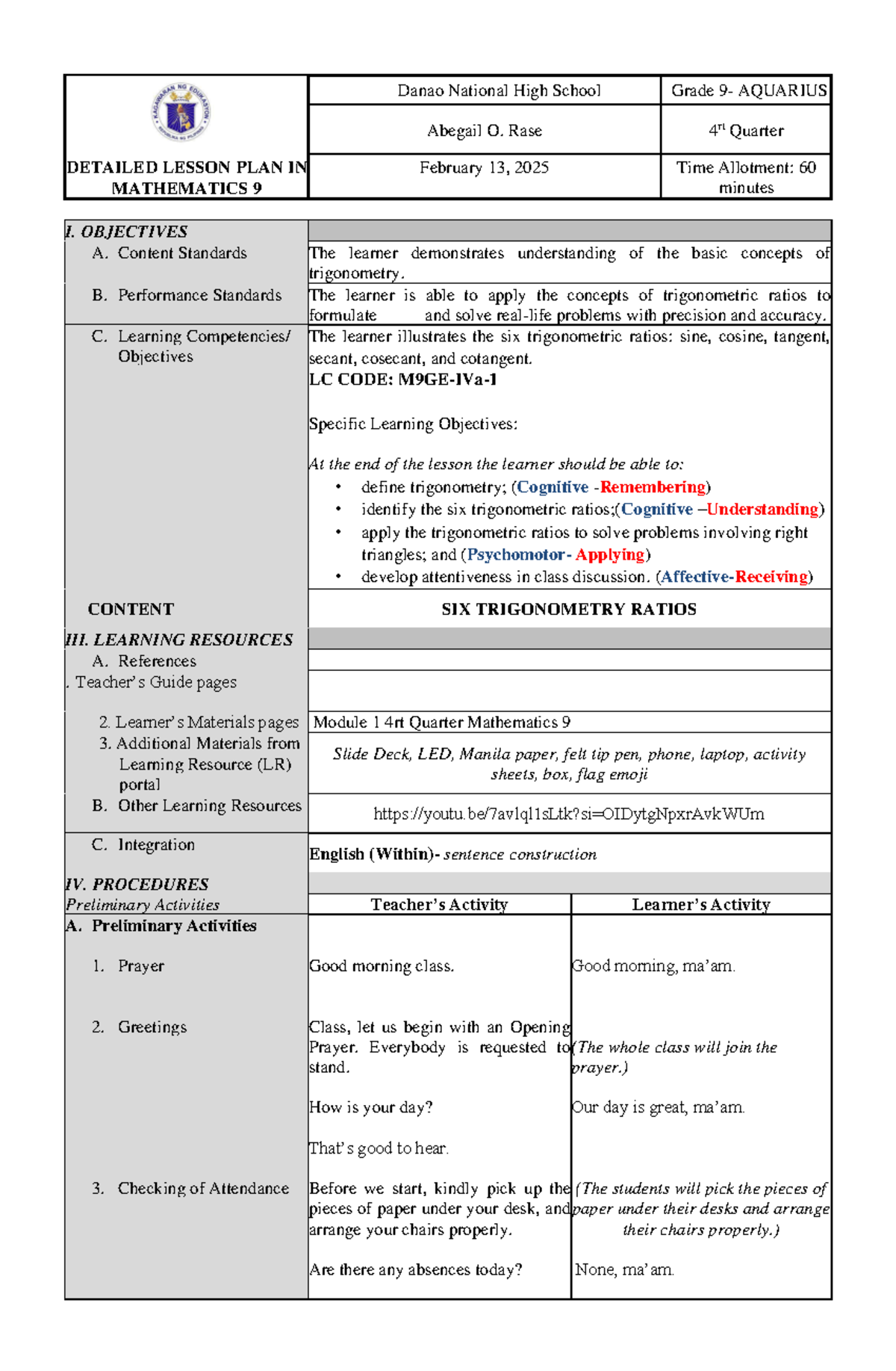 1st Topic 4rt Quarter - Illustrating the six trigonometric ratios ...