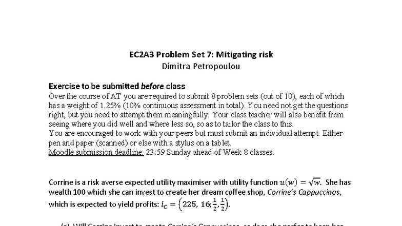 Problem Set 7 - n.a - 1 EC2A3 Problem Set 7 : Mitigating risk Dimitra ...