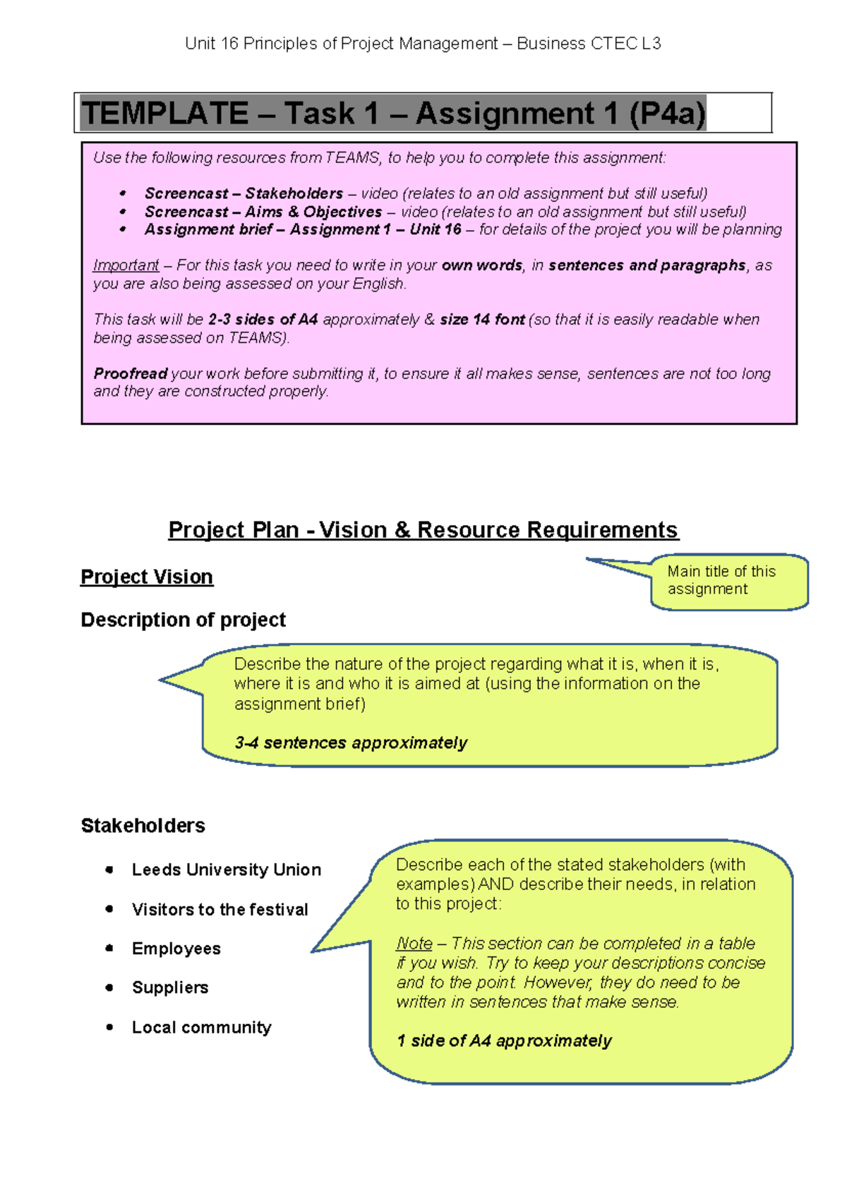 Unit 16 CTEC L3 Project Management Assignment 1 (P4a) Template - Studocu