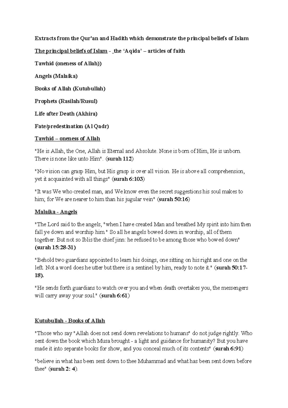 5 Extracts from the Quran & Hadith: Principal Beliefs of Islam - Studocu