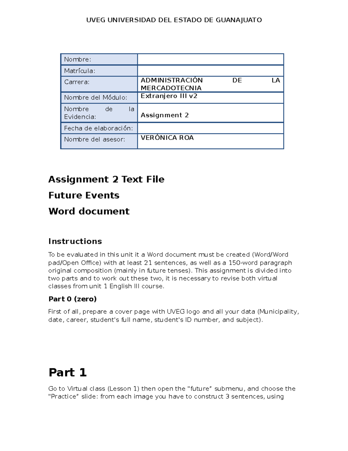 Assignment 2 - Future Events Instructions for English III (EJEMPLO) - Studocu