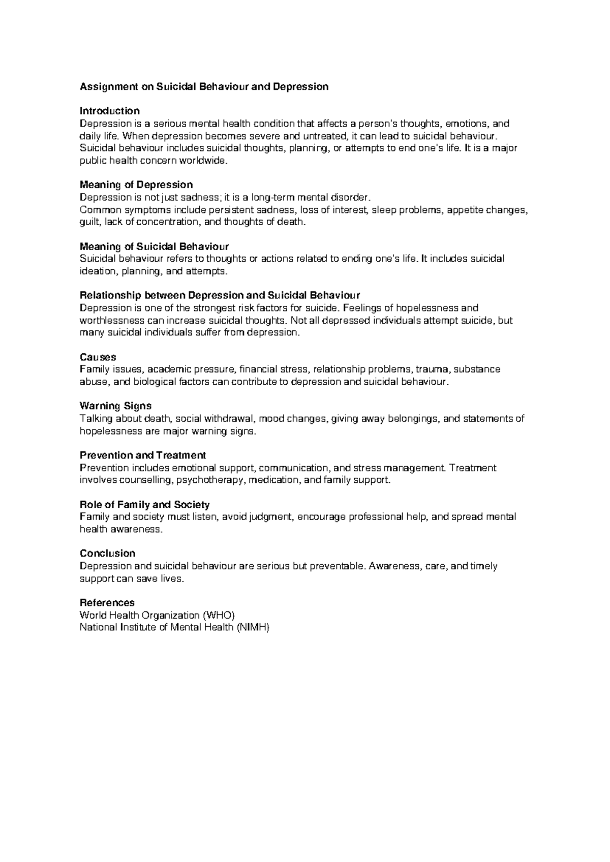 Assignment on Suicidal Behaviour & Depression: Key Insights - Studocu