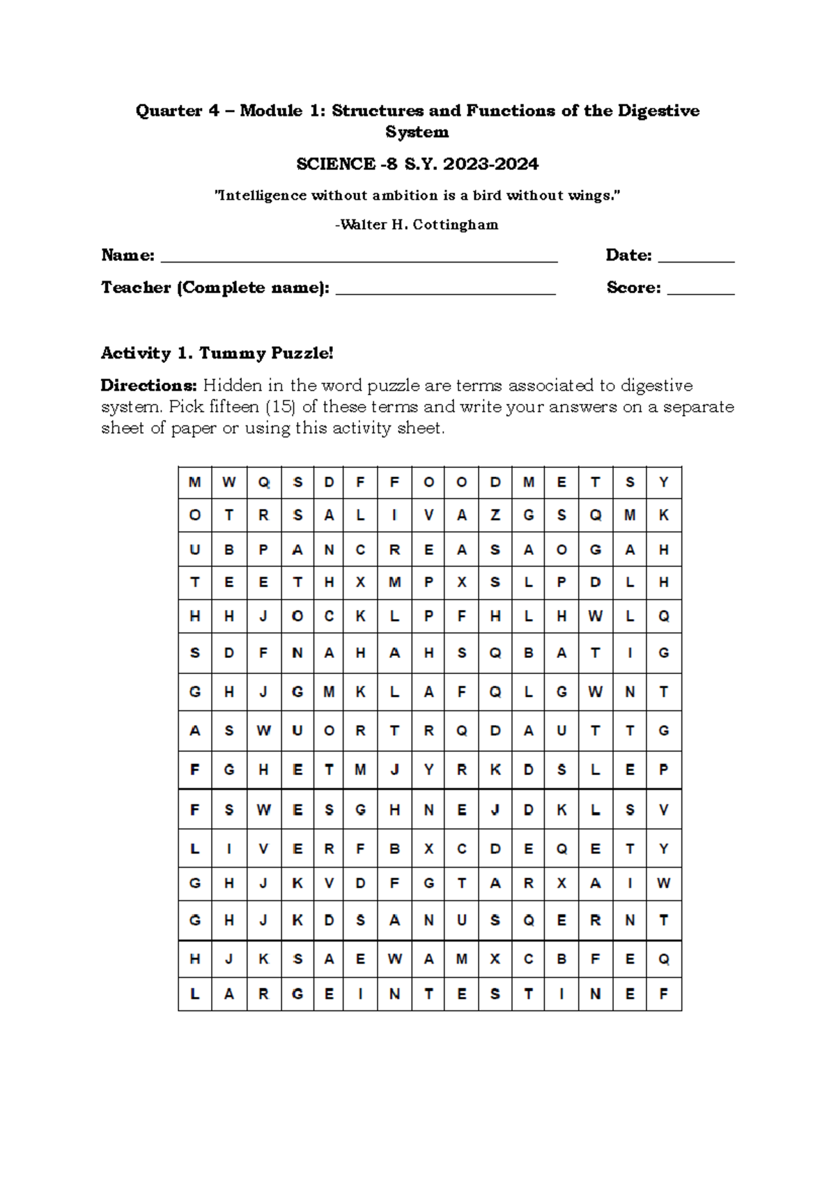 Quarter 4 - Science 8: Digestive System Activity Sheets - Studocu