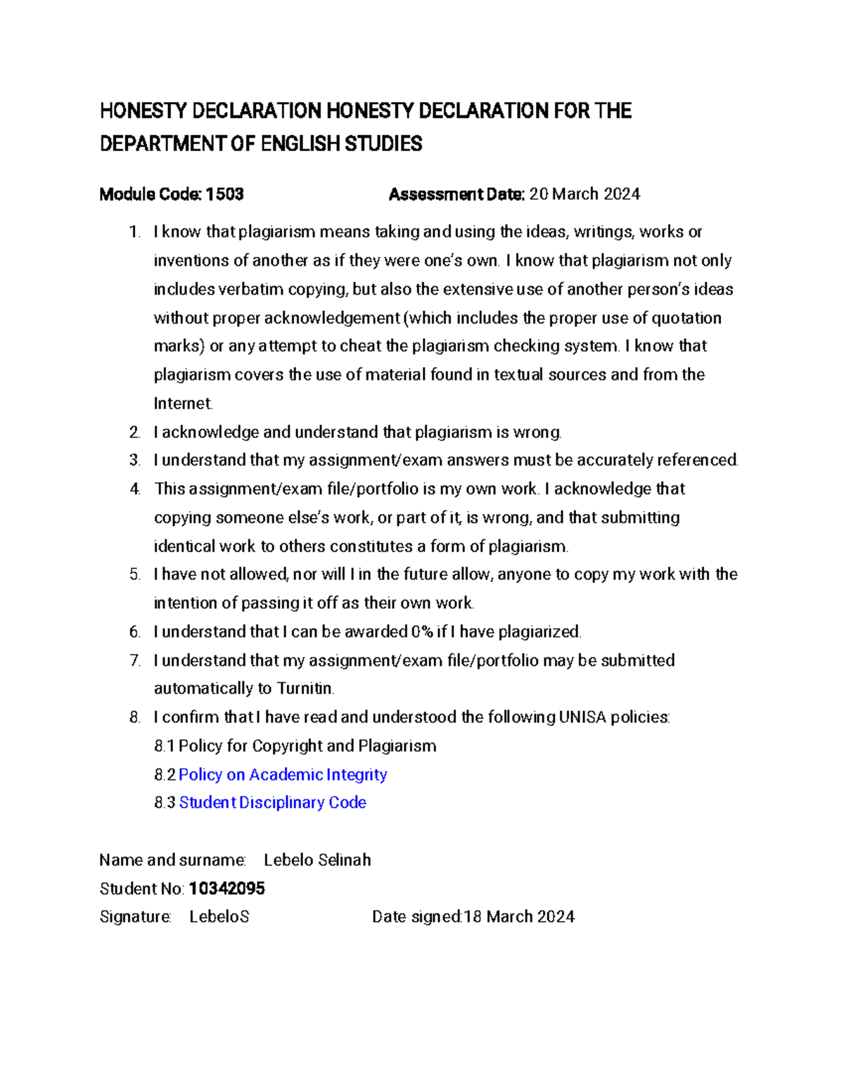ENG 1503 Honesty Declaration Form - Plagiarism Acknowledgment - Studocu