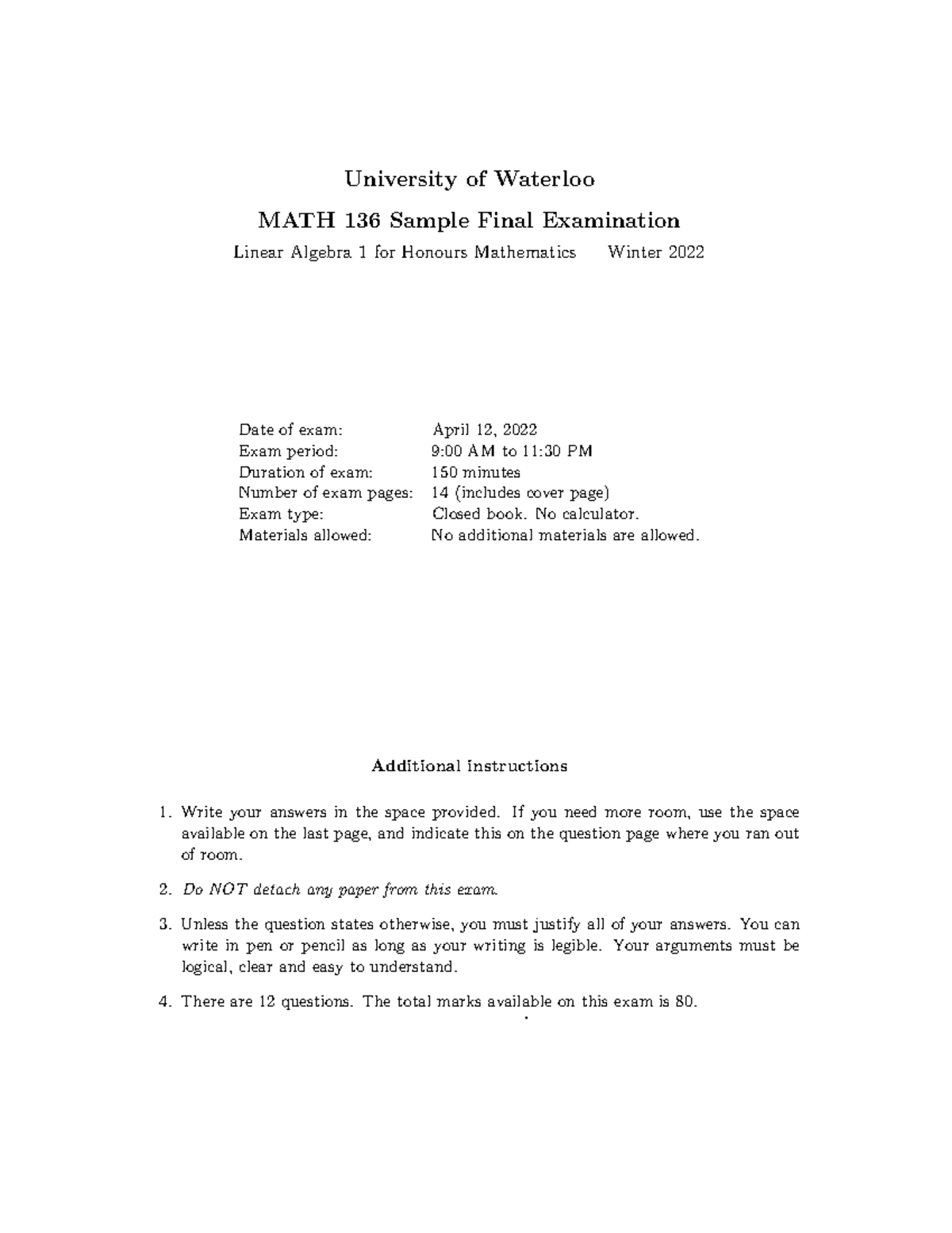 MATH 136 Sample Final Exam Overview: Linear Algebra 1 Winter 2022 - Studocu