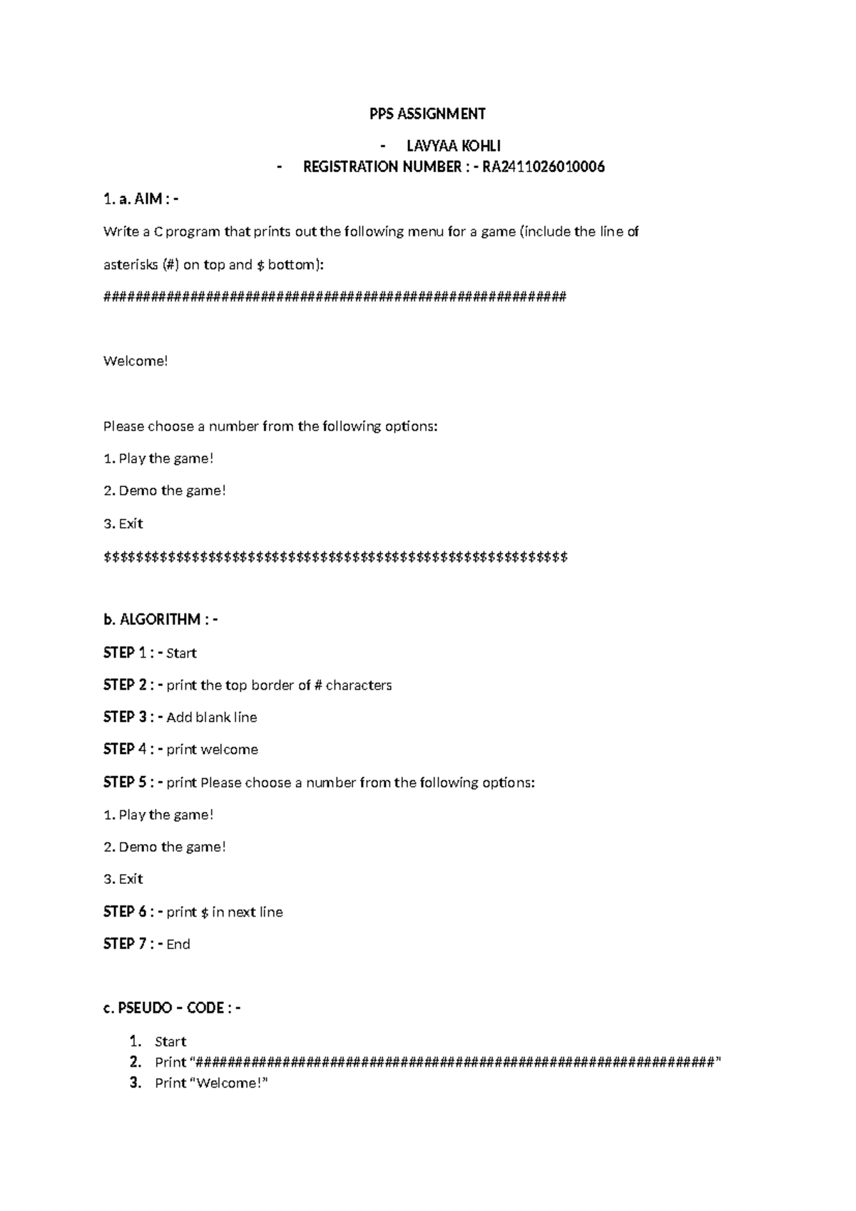 PPS Assignment 1 - bjhv - PPS ASSIGNMENT - LAVYAA KOHLI - REGISTRATION ...