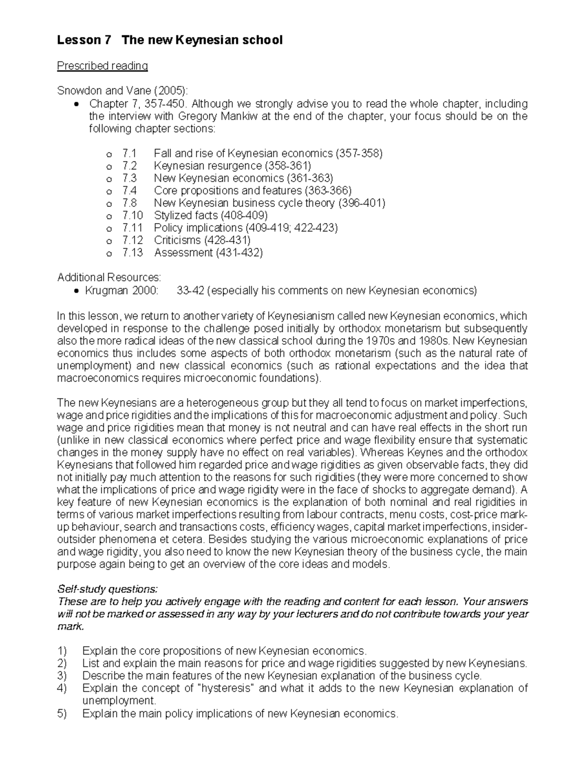 ECS4861 Lesson 7: Insights into New Keynesian Economics - Studocu