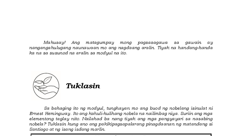Filipino 10 Q2 Module 5: Buod at Pagsusuri ng "Ang Matanda at ang Dagat ...