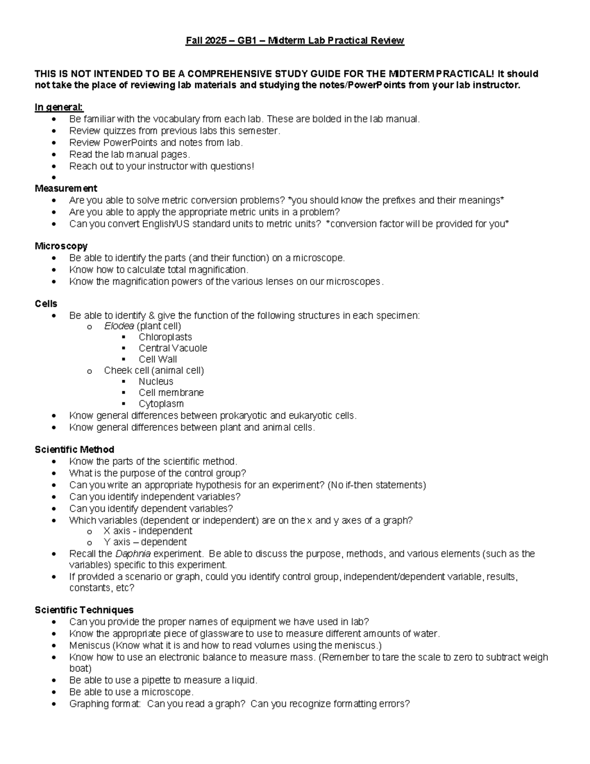 Fall 2025 GB1 Midterm Lab Practical Review Guide - Studocu