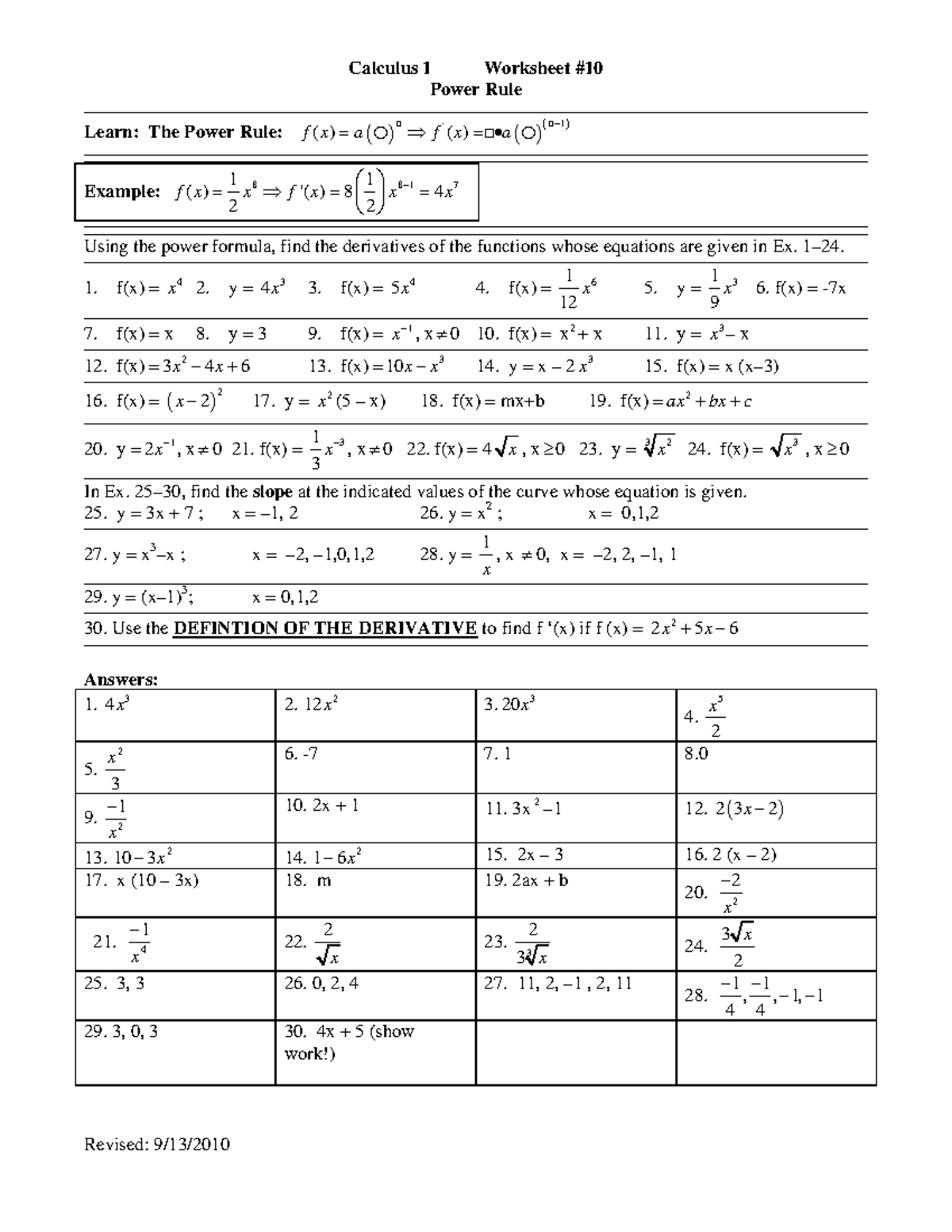 AP CALC Worksheet #10: Power Rule Practice and Solutions - Studocu