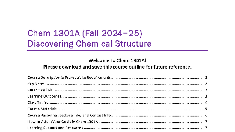 Chem 1301A Fall Syllabus: Discovering Chemical Structure and Lab Info ...