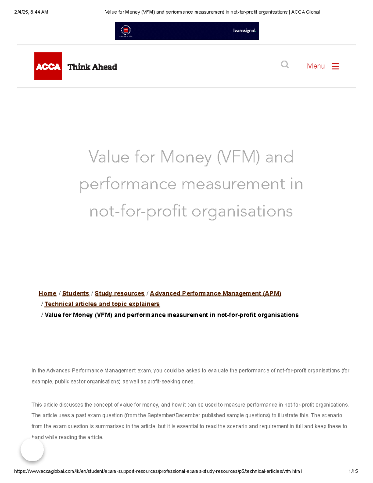 ACCA APM: Evaluating VFM and Performance in Not-for-Profit ...