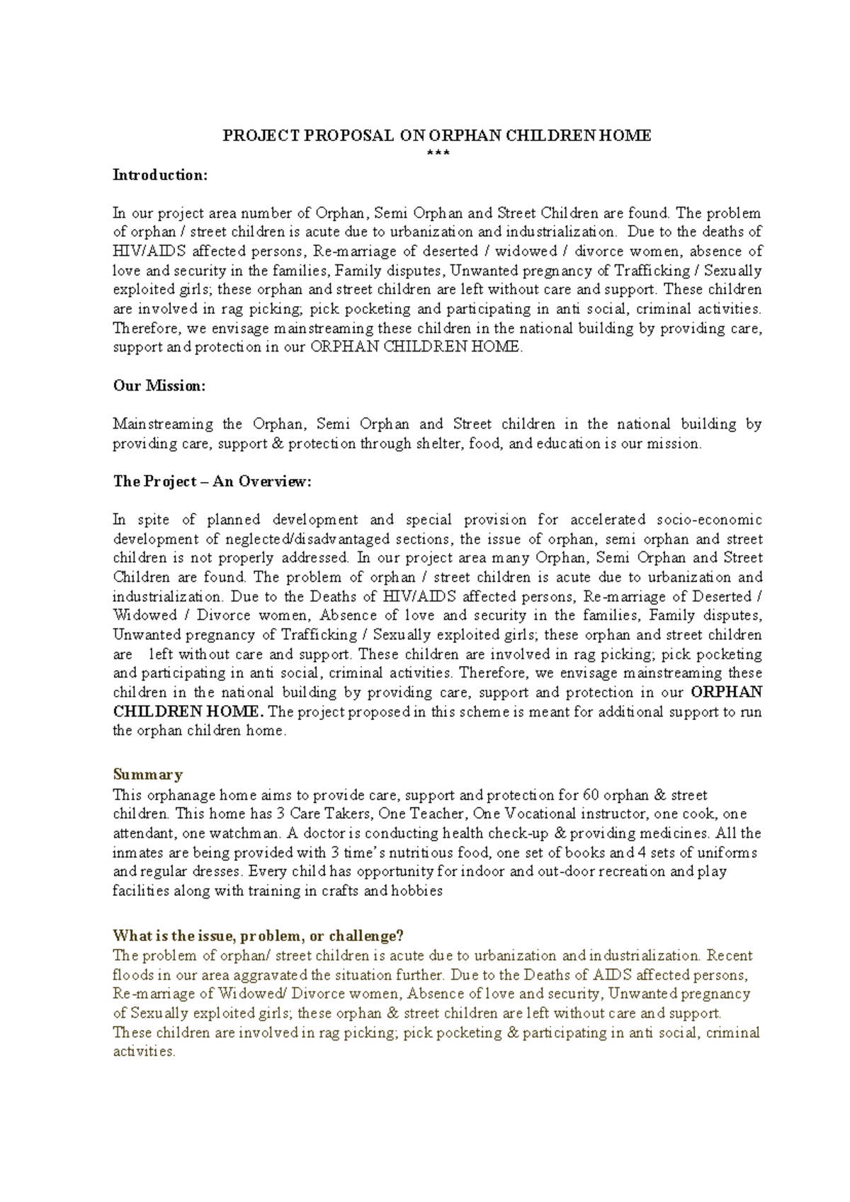 Orphan Children Home Project Proposal - Support for Neglected Kids ...