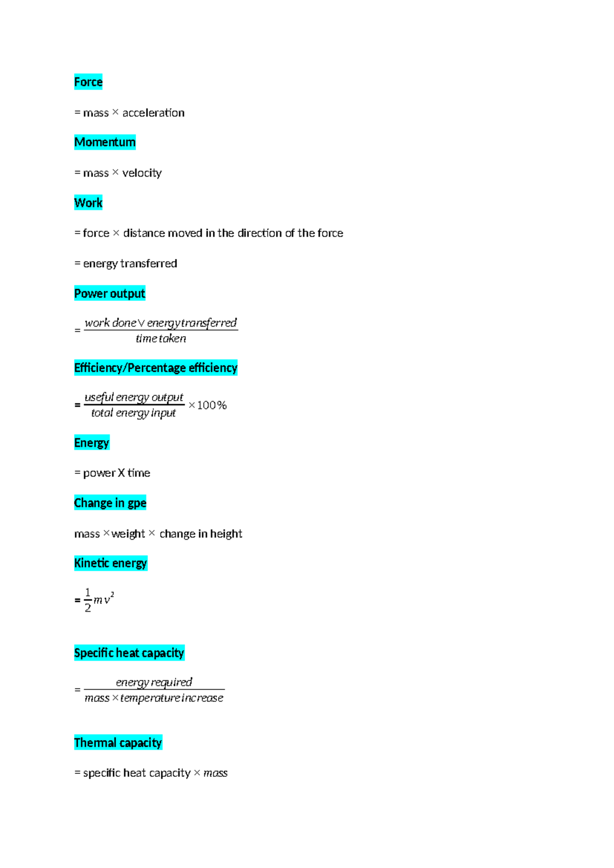 Formulas - formula sheet for physics igcse compiled - Force = mass × ...