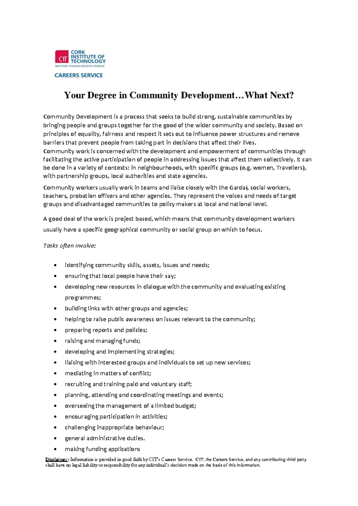 Your Degree in Community Development - What Next - Disclaimer ...