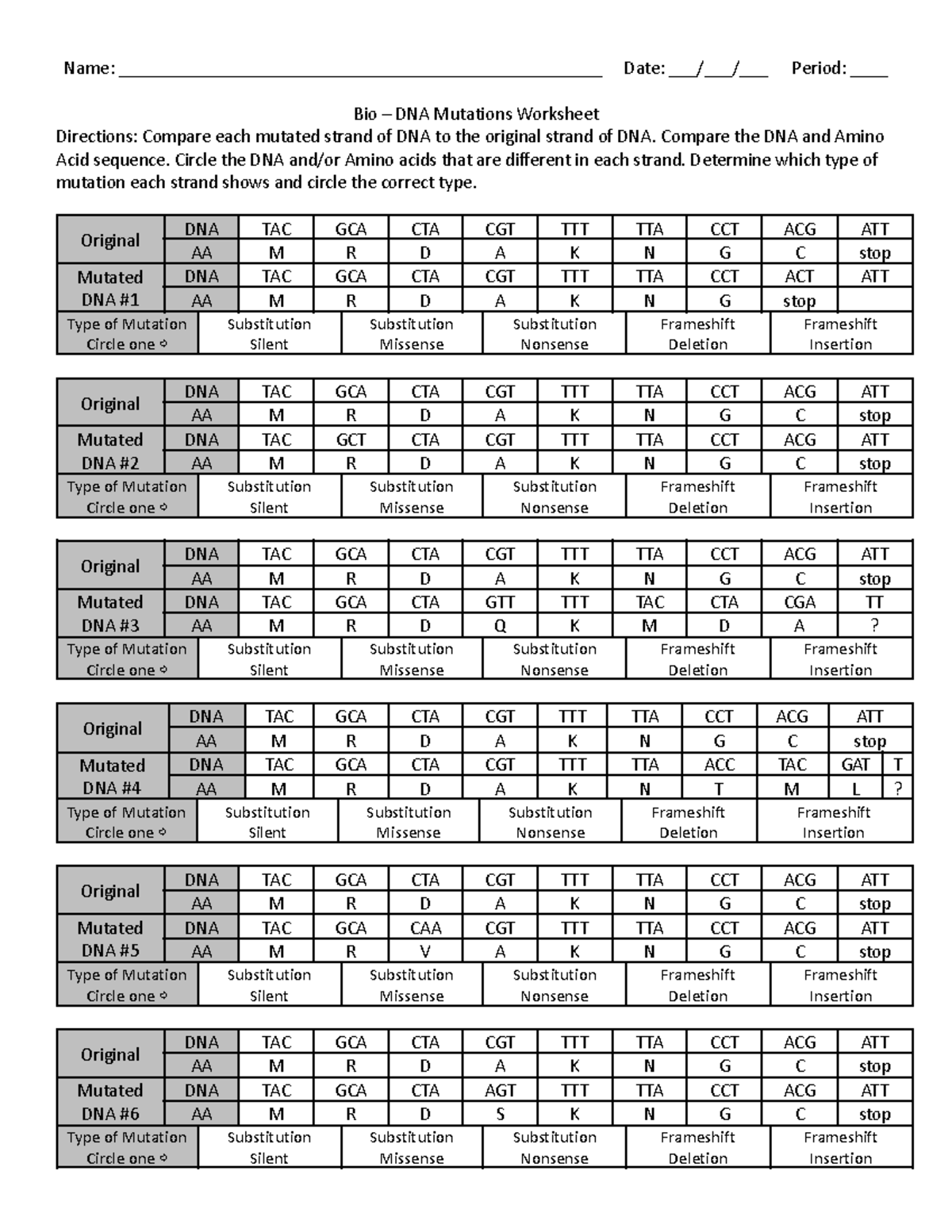 Bio DNA Mutations Worksheet-1: Analyzing Mutated Sequences - Studocu