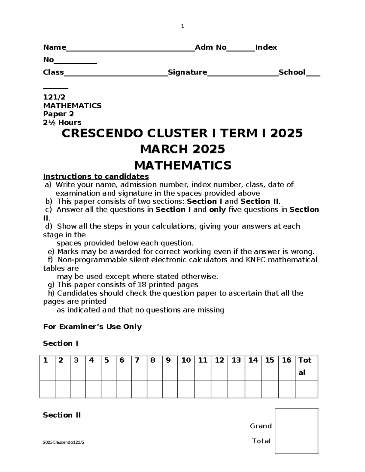 MATHEMATICS Paper 2 - CRESCENDO CLUSTER I TERM I 2025 Exam Guide - Studocu