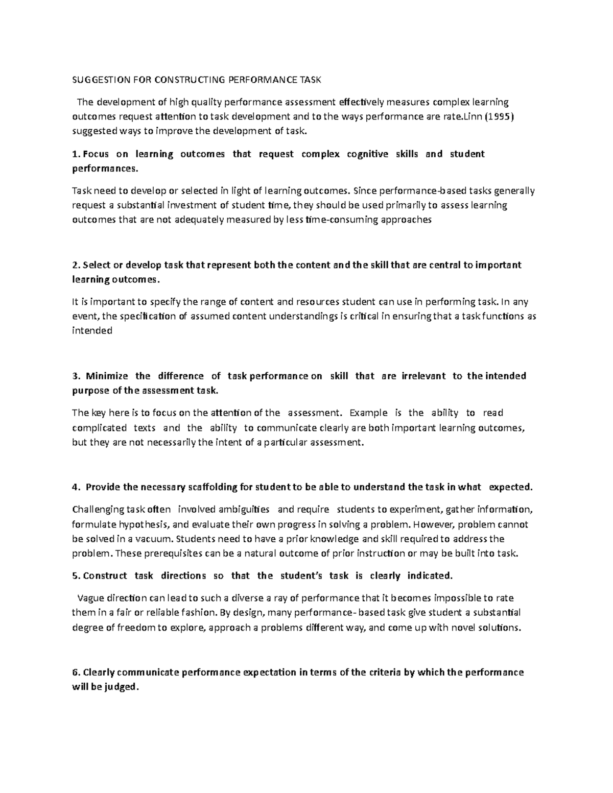 Suggestions for Constructing Performance Task Assessments - Studocu