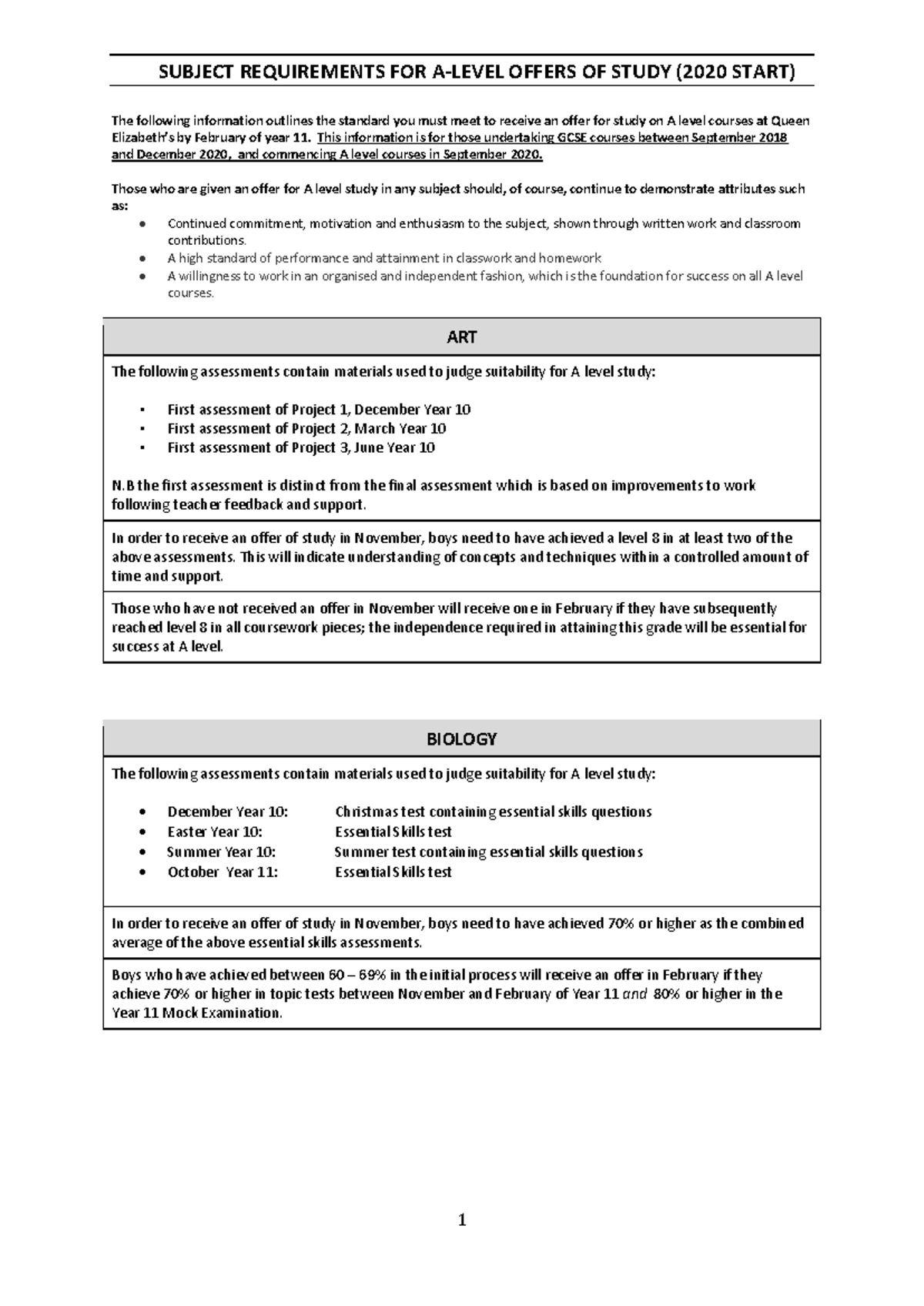 Subject Requirements for A Level Study (2020 Start) - Studocu