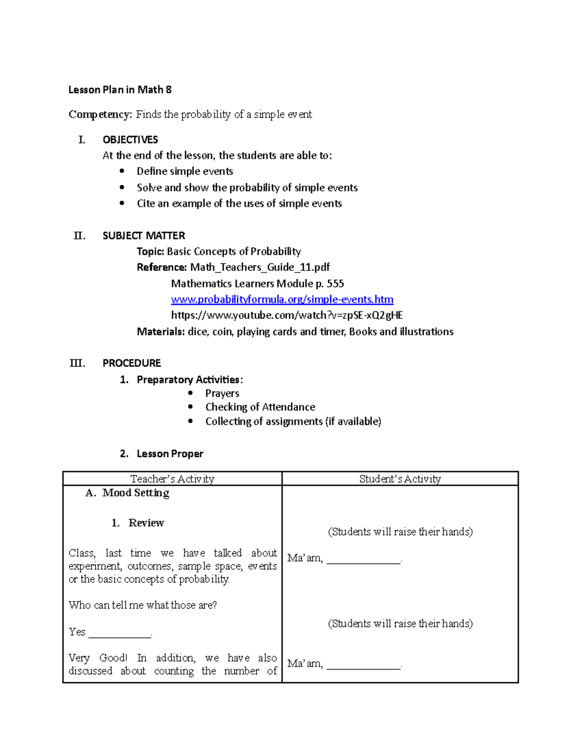 Lesson Plan in Math Finds the probability of a simple event - Lesson ...