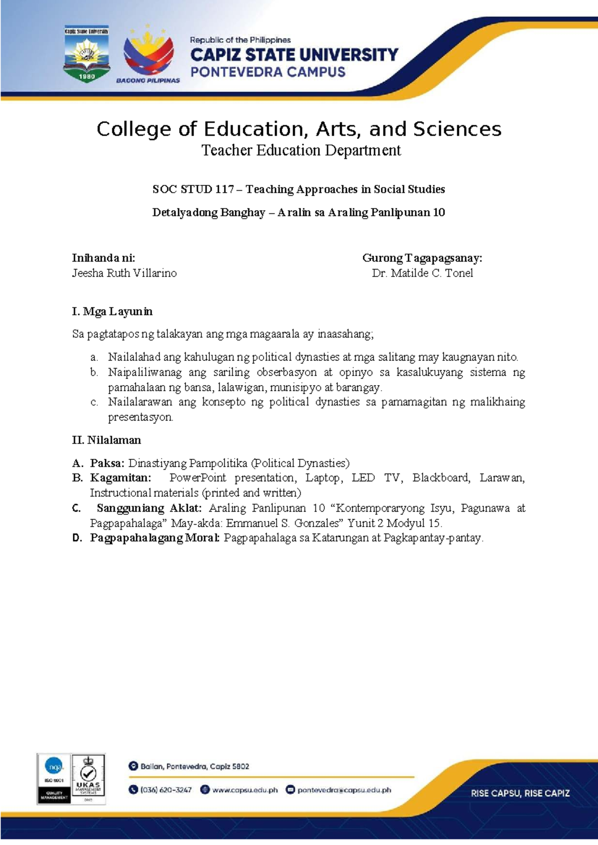 SOC STUD 117 Lesson Plan on Political Dynasties in Social Studies 10 ...