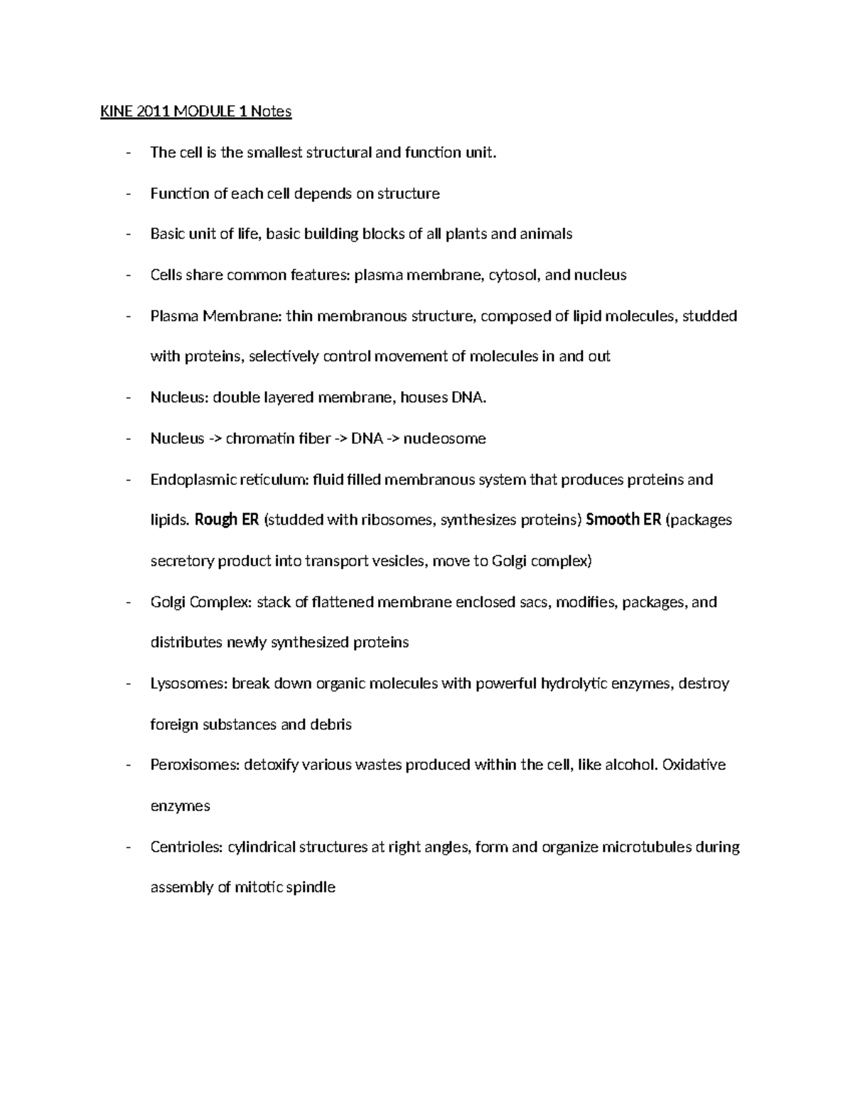 KINE 2011 Module 1 Cell Structure and Function Study Notes - Studocu