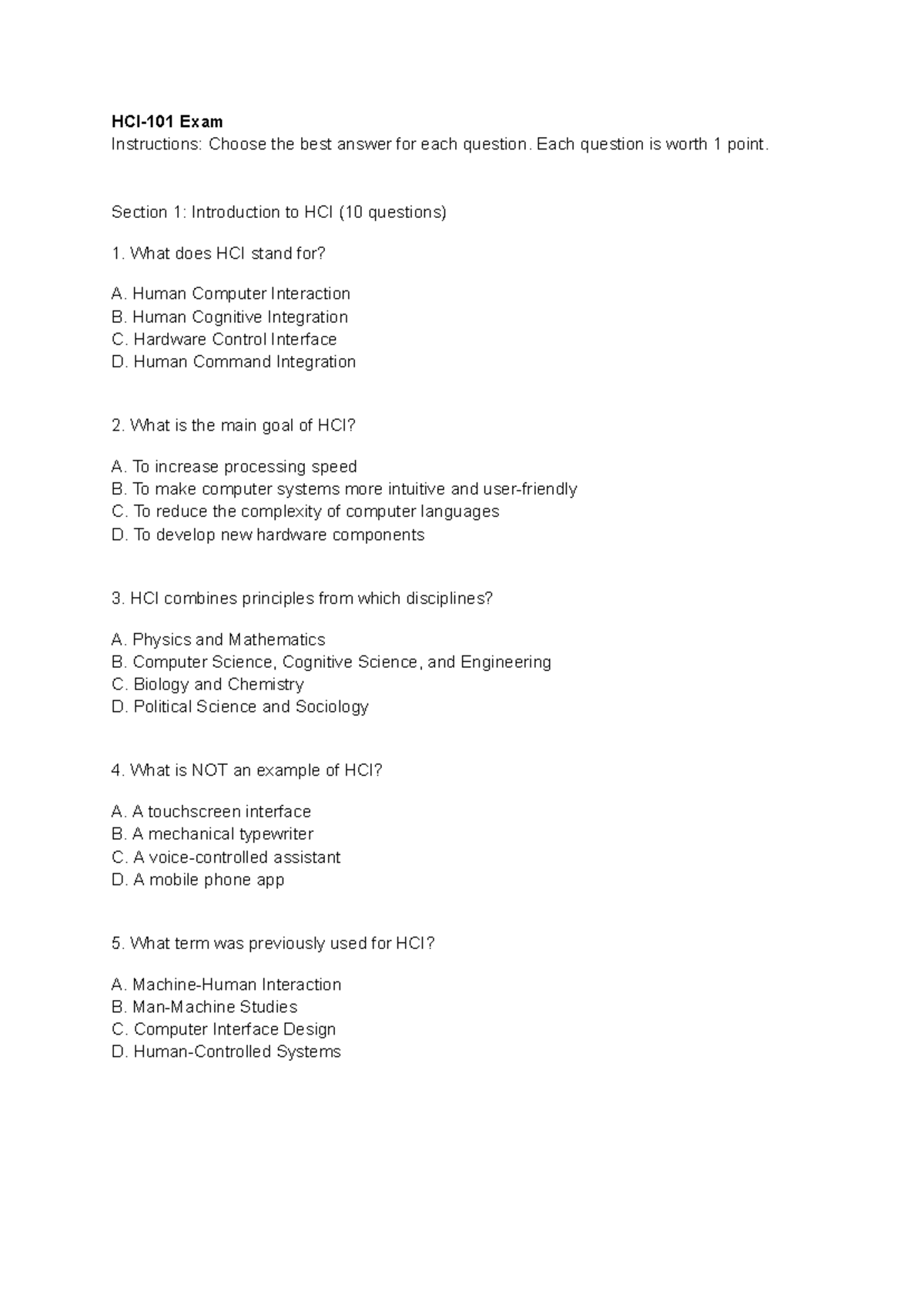 HCI 101: Practice exam questions and instructions for students - Studocu
